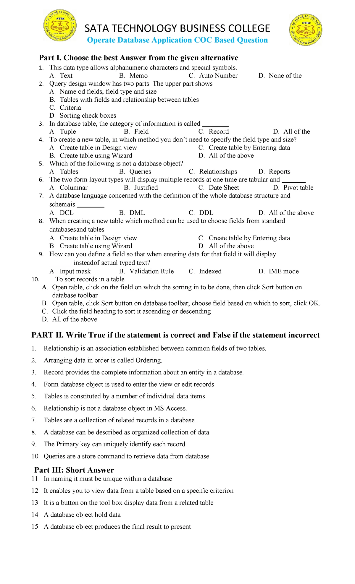 COC Sample Practical Question for Database Administration Le - COC Sample Practical Question for ...