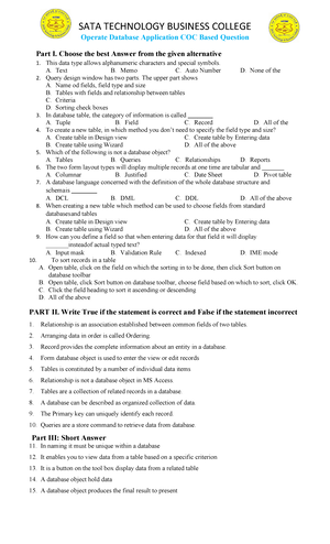 Coc exam level 4-2 - DATABASE LEVELL 4 COC THEORY QUESTION 1. A logical ...