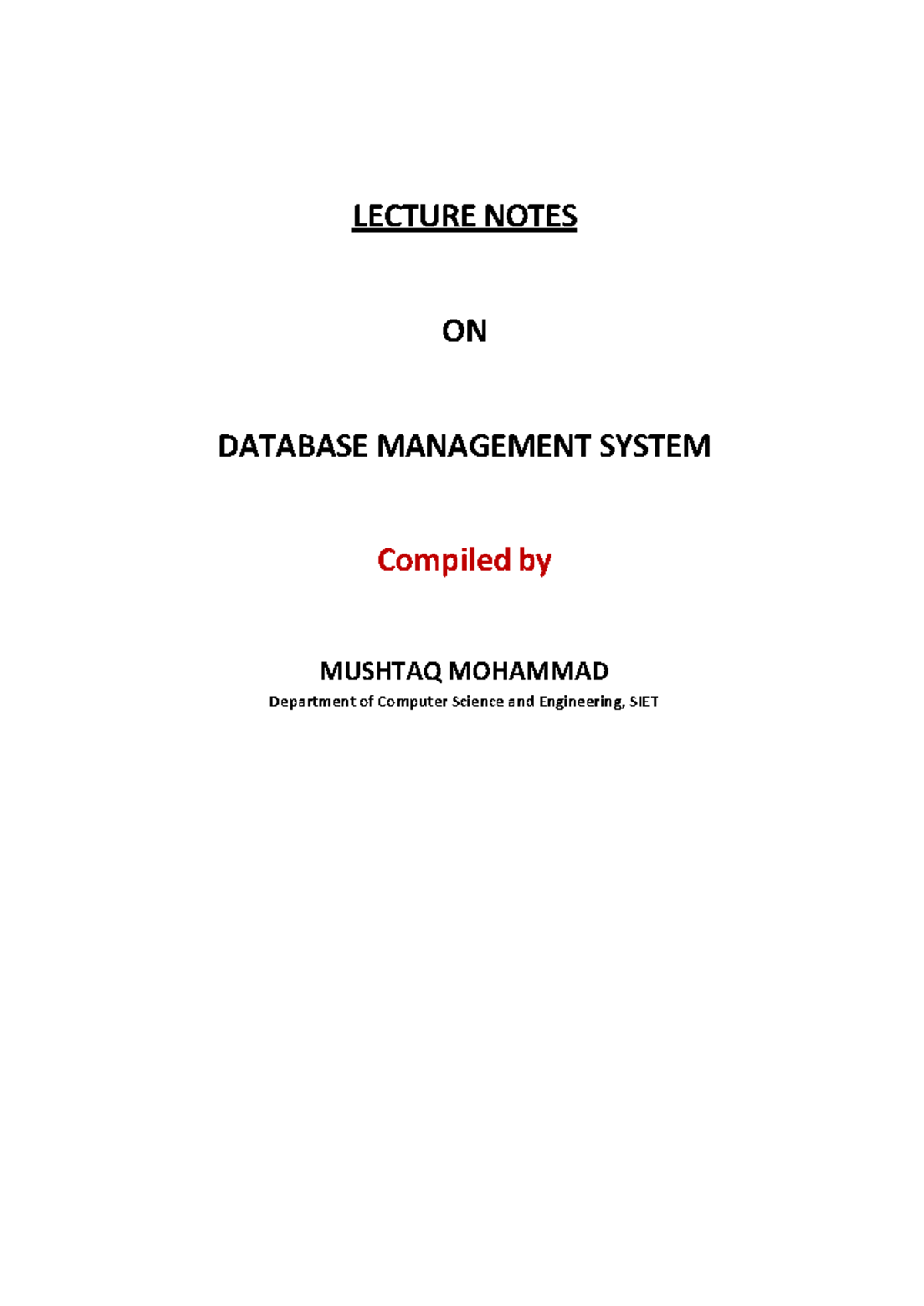 Lecture Notes on Database Management System (CS101) - Studocu