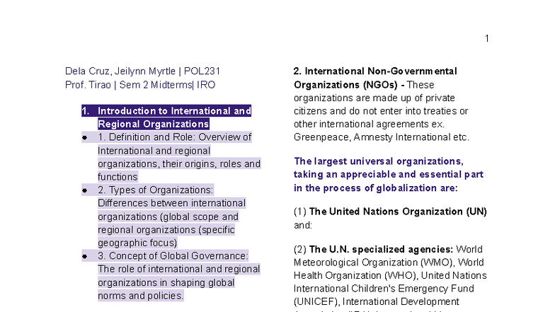 IRO POL231 - Introduction to International and Regional Organizations ...
