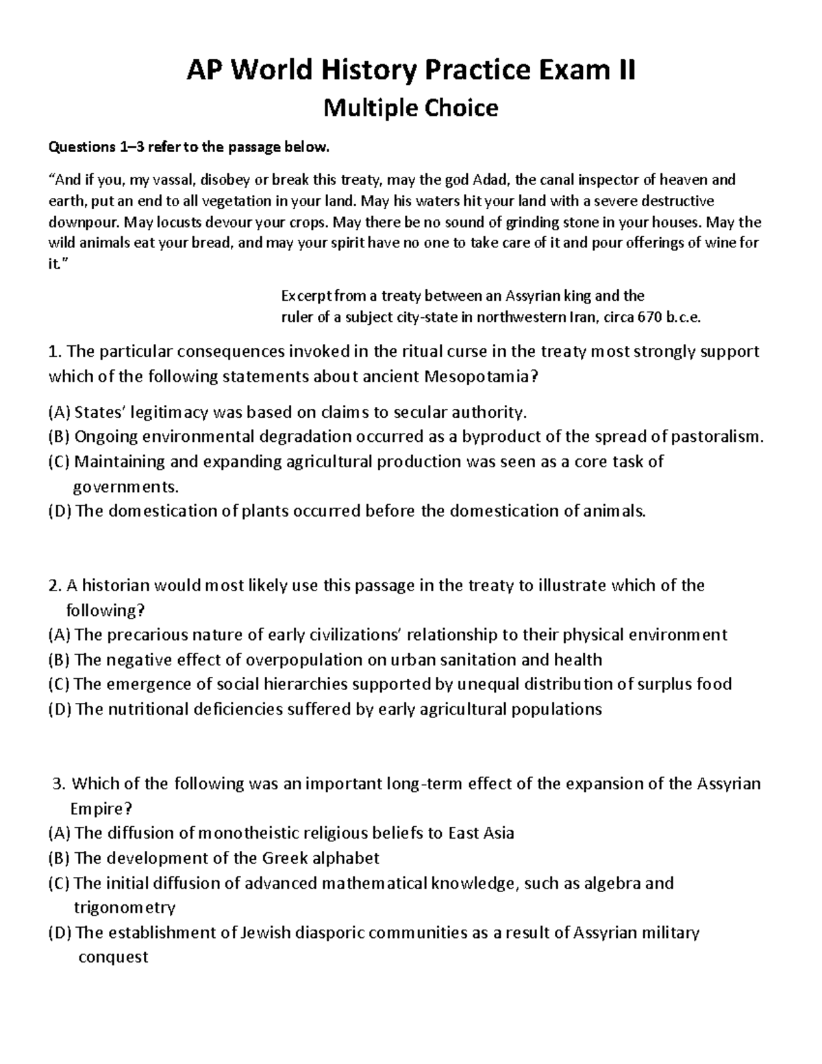 AP World History Practice Exam II Multiple Choice - AP World History ...