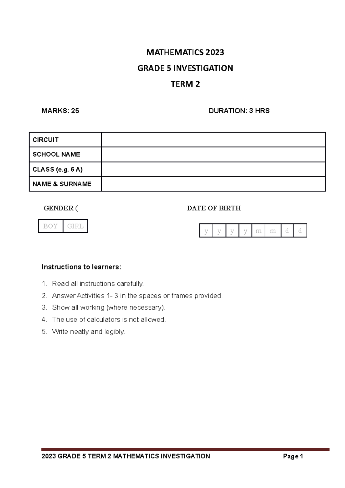 Grade 5 Mathematics Investigation Term 2 2023 - Activities and ...