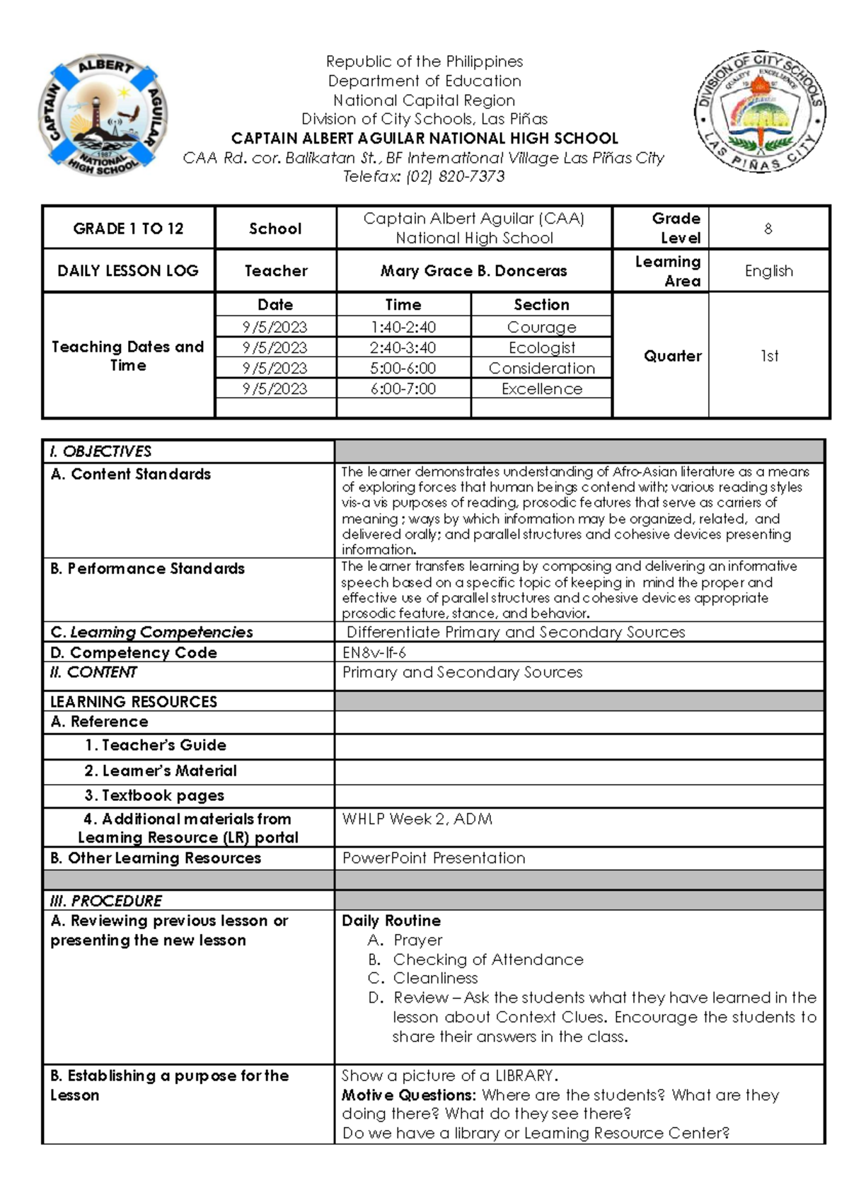 DLL - Primary and Secondary Sources - COT 1 - Grade 8 English Lesson ...