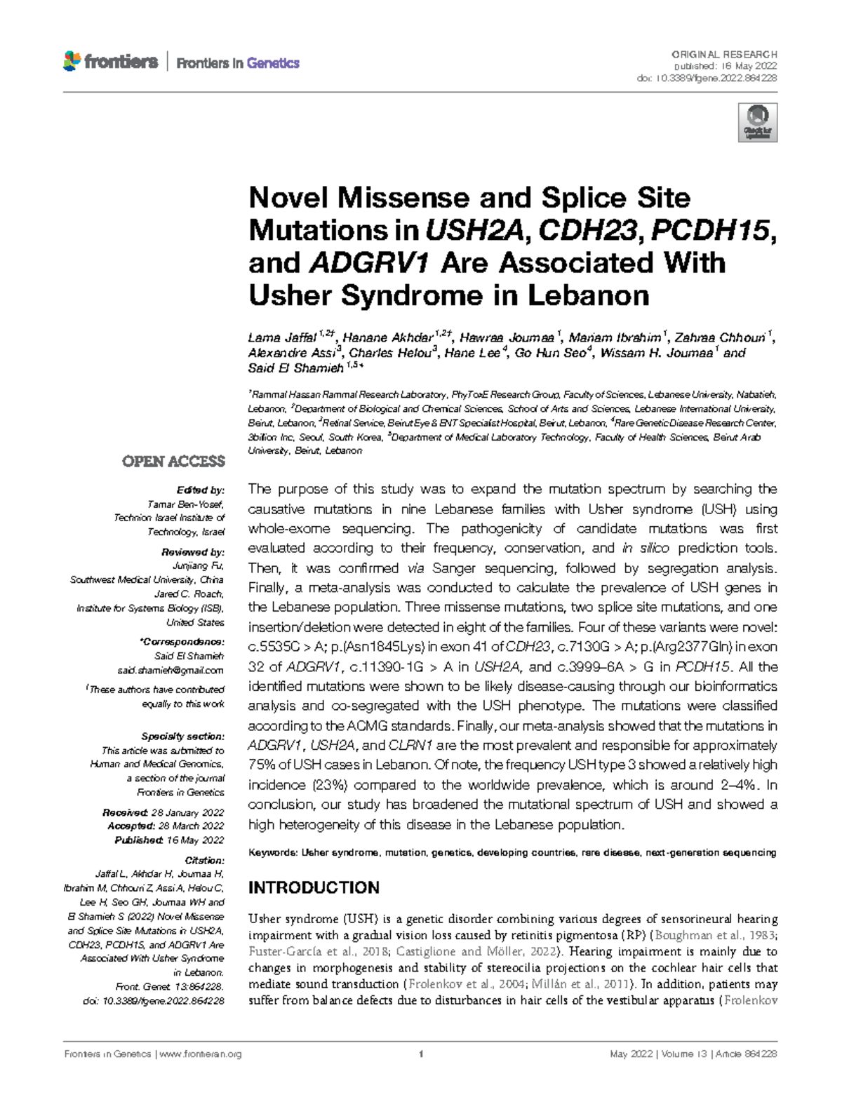Novel Mutations in USH Genes Associated with Usher Syndrome in Lebanon ...
