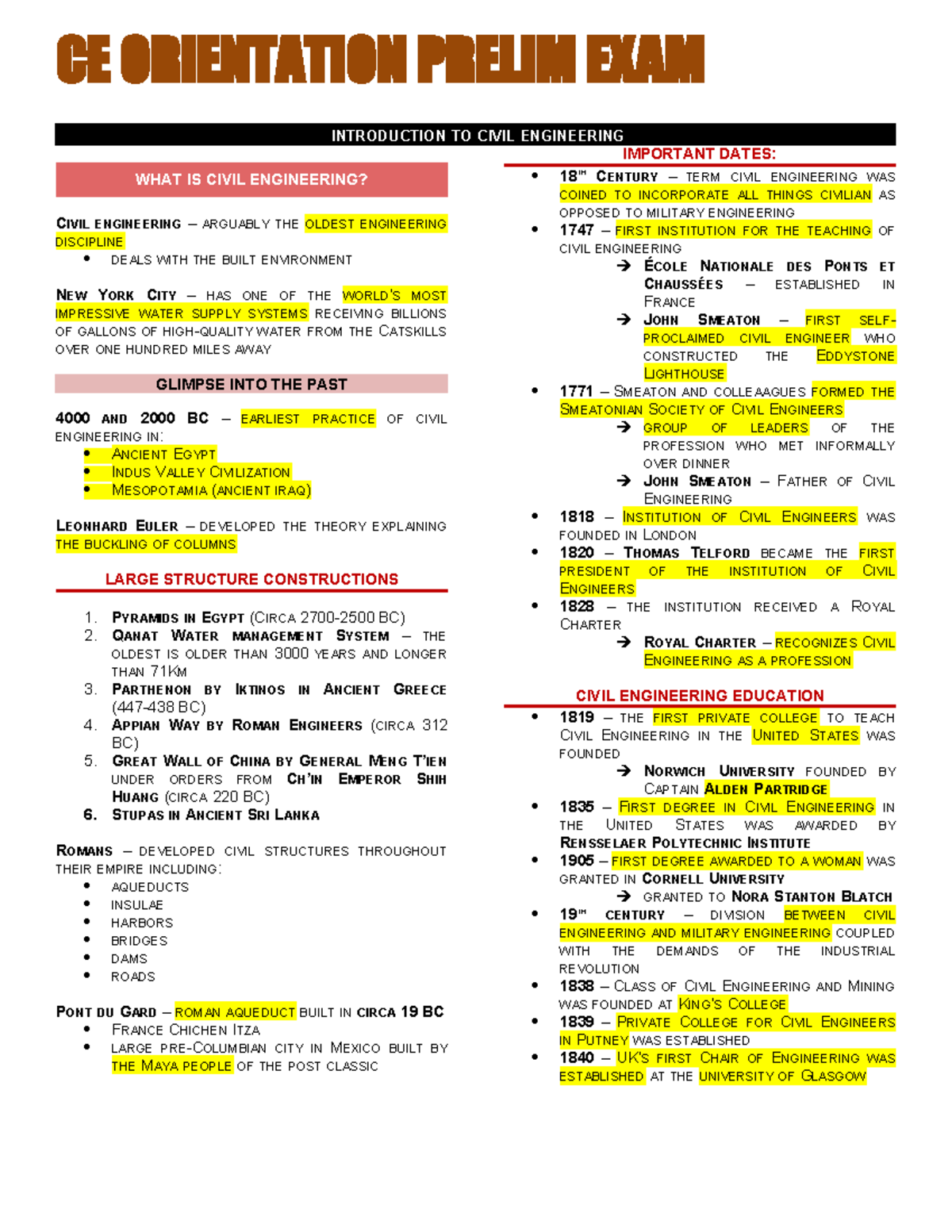 CE 101 Orientation Prelim Exam Review: Introduction to Civil Engineering - Studocu