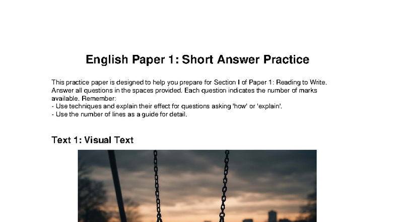 English Paper 1: Short Answer Practice for Reading to Write - Studocu