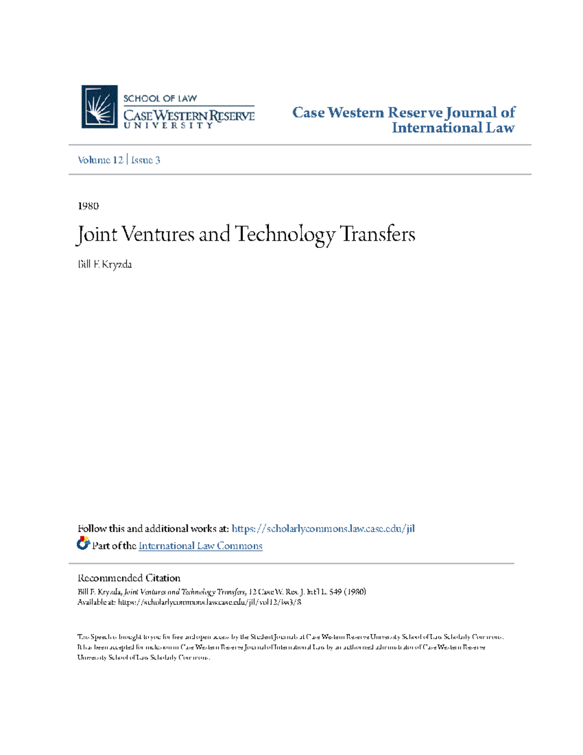 Joint Ventures and Technology Transfers - Case Western Reserve Journal ...