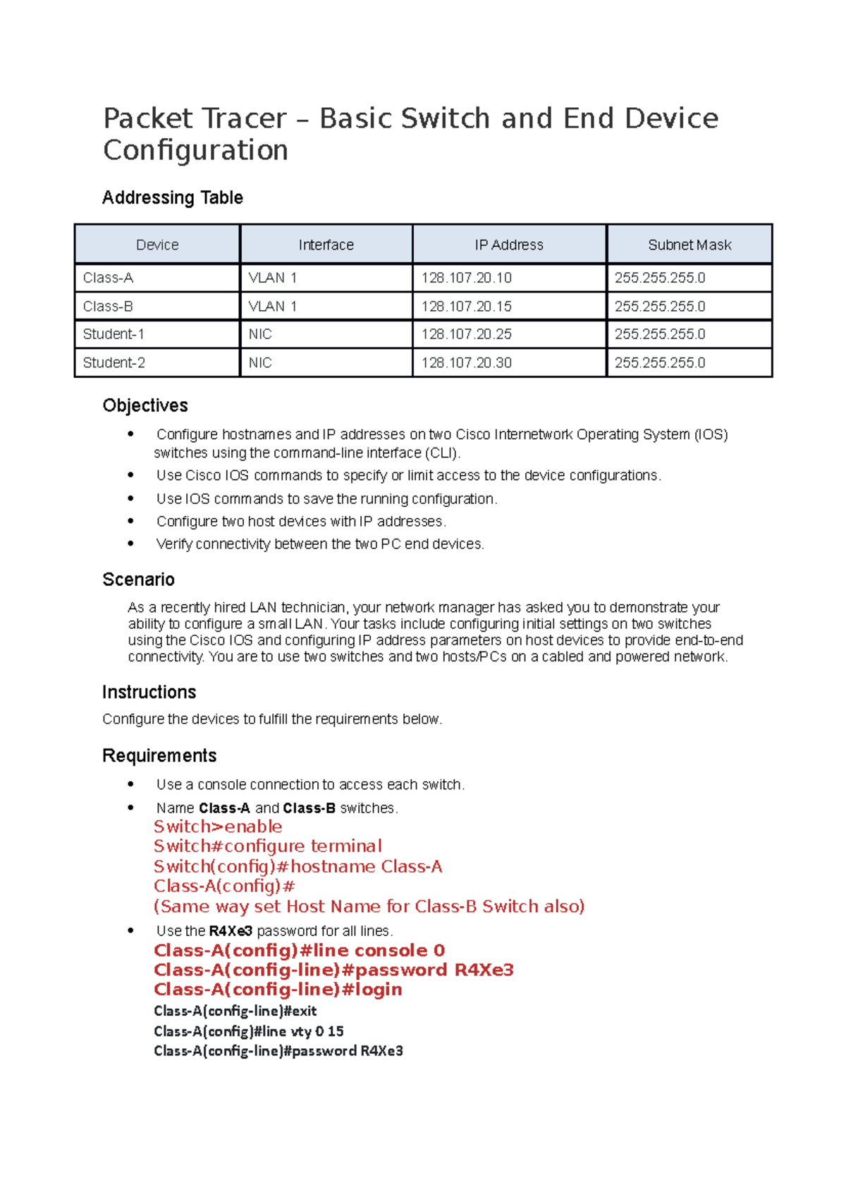 Basic Switch and End Device Configuration - Packet Tracer – Basic ...