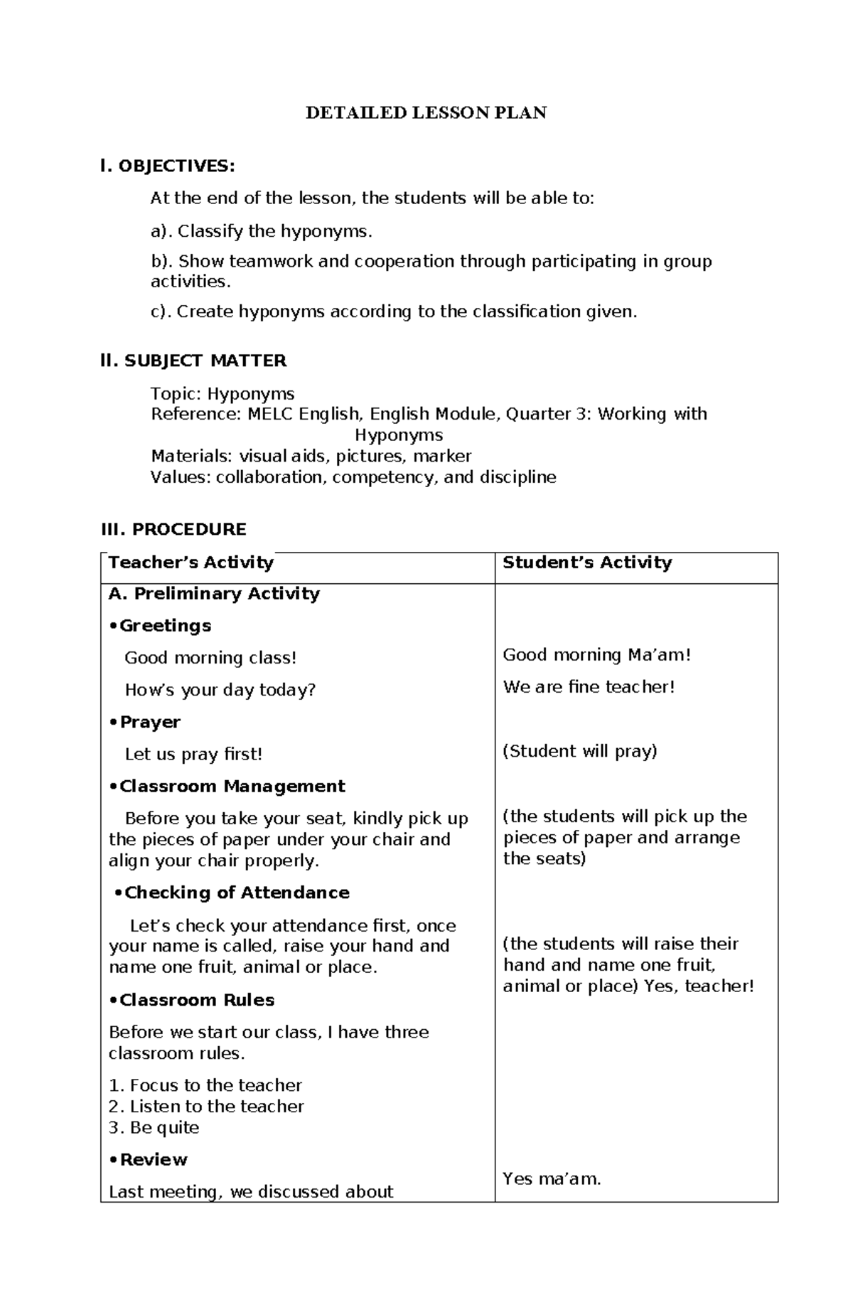 Detailed Lesson Plan on Hyponyms (ENG 101: Lesson Plan) - Studocu