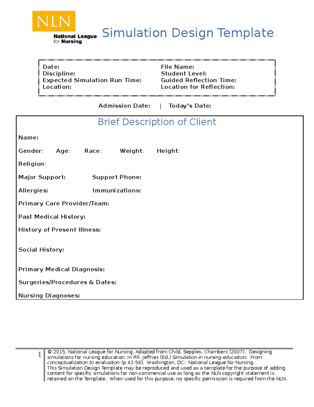 NLN Interprofessional Simulation Design Template for Nursing Education ...