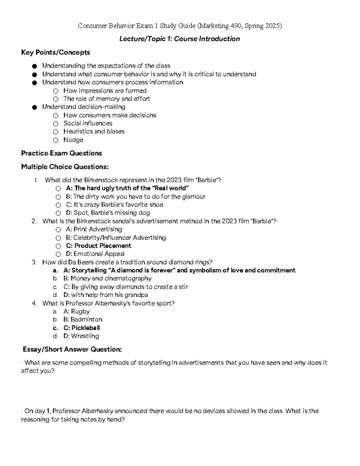 Consumer Behavior Exam 1 Study Guide (MKT 490, Spring 2025) - Studocu