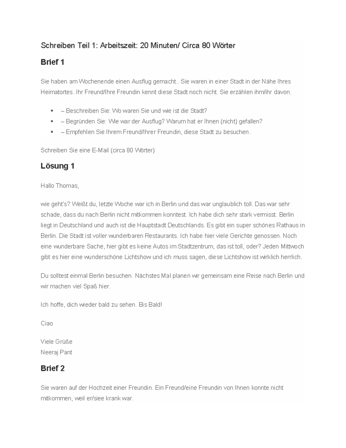 German Language Briefs B1: Beispieltexte und Lösungen - Studocu