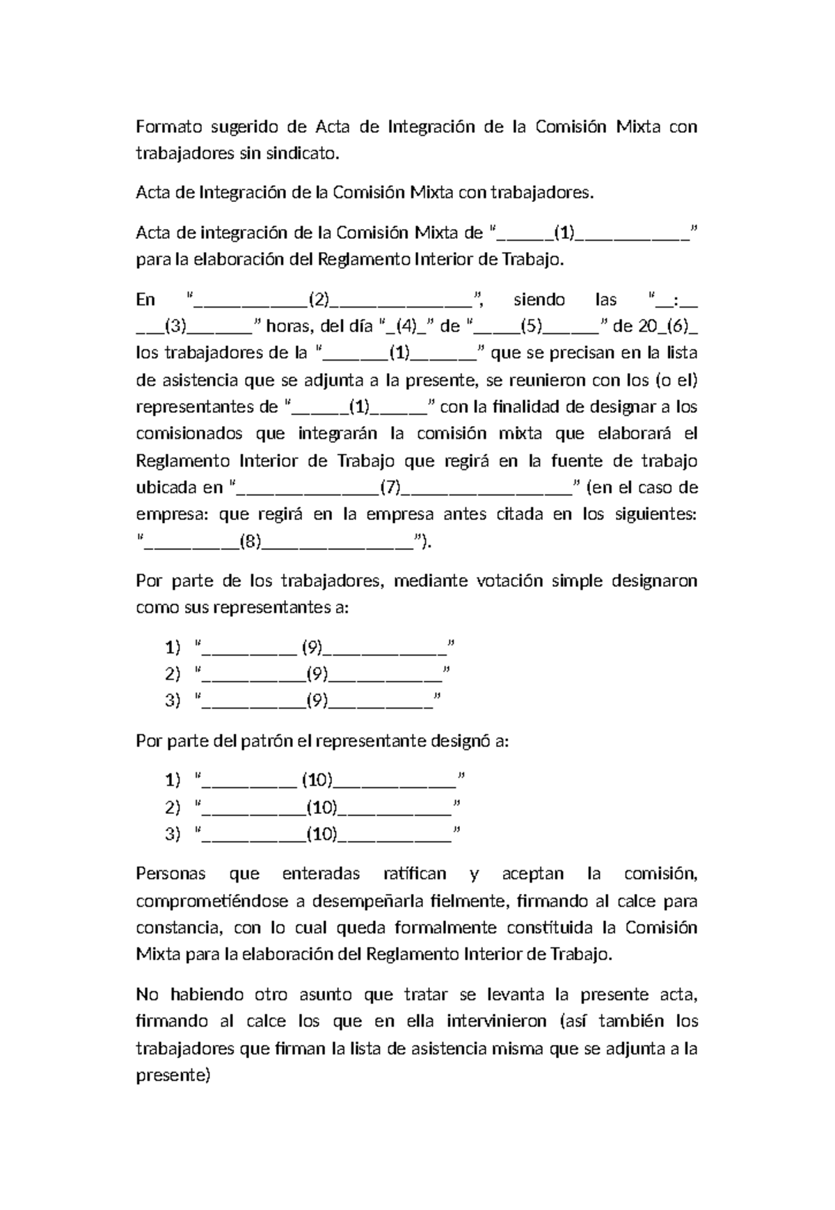 Acta de Integración de la Comisión Mixta RIT para Reglamento Interior ...