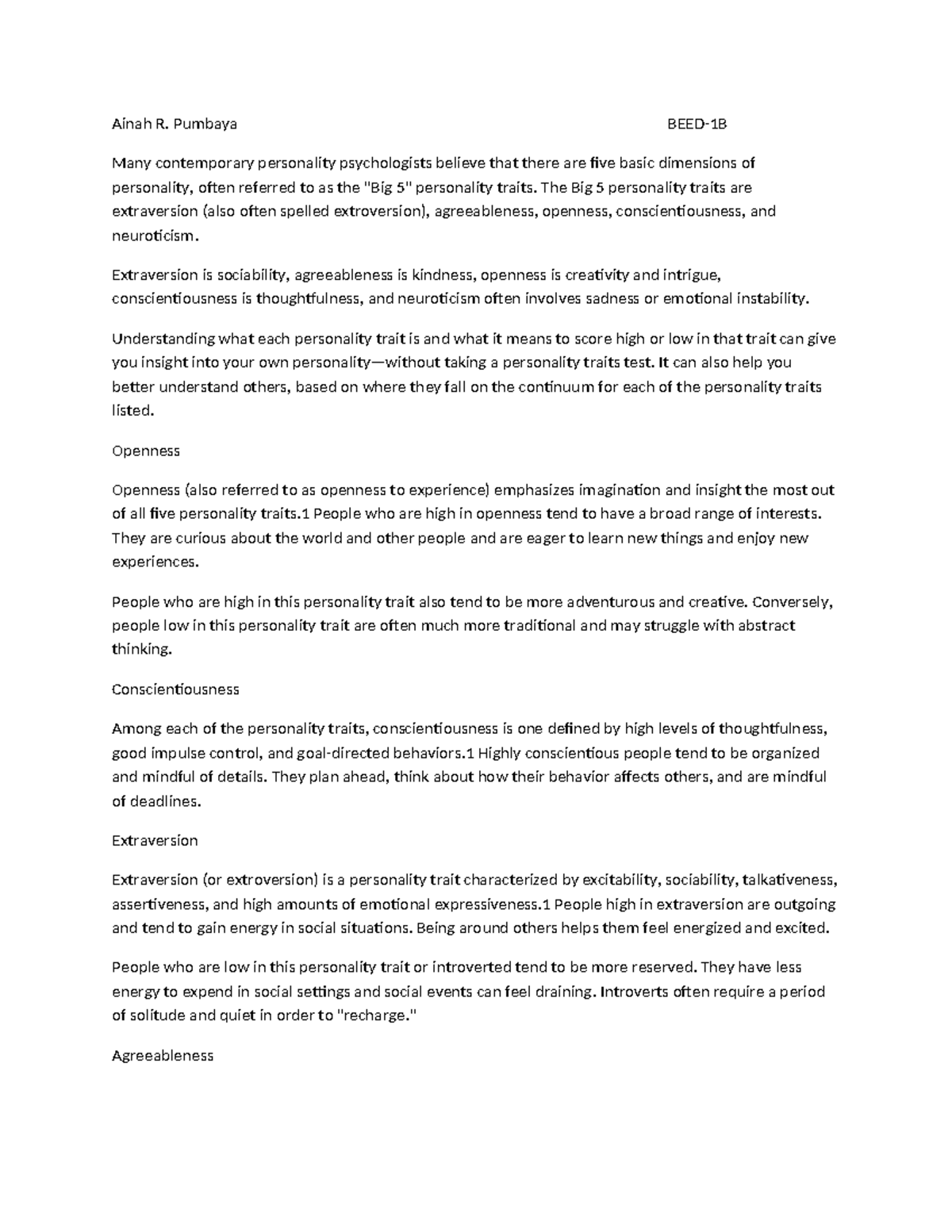 Big 5 Personality Traits Explained - BEED-1B Class Notes - Studocu
