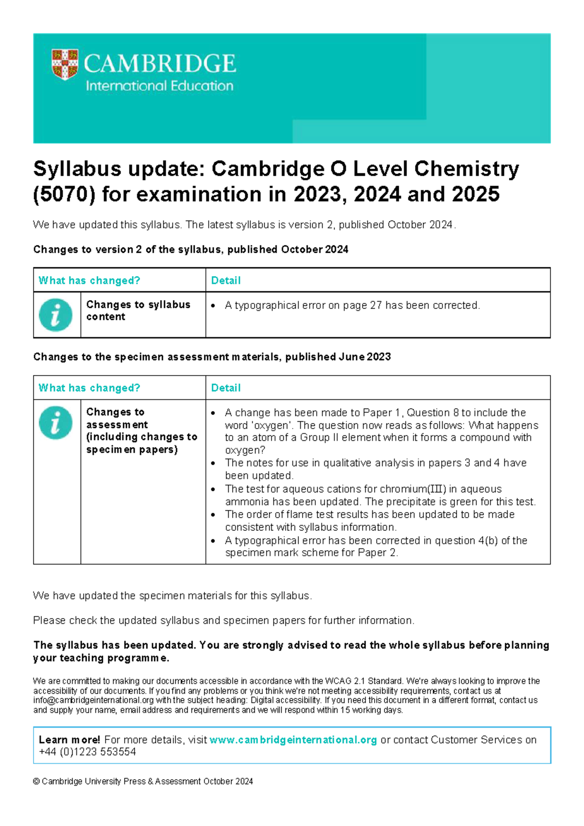 Syllabus Update: Cambridge O Level Chemistry (5070) for 2023-2025 - Studocu