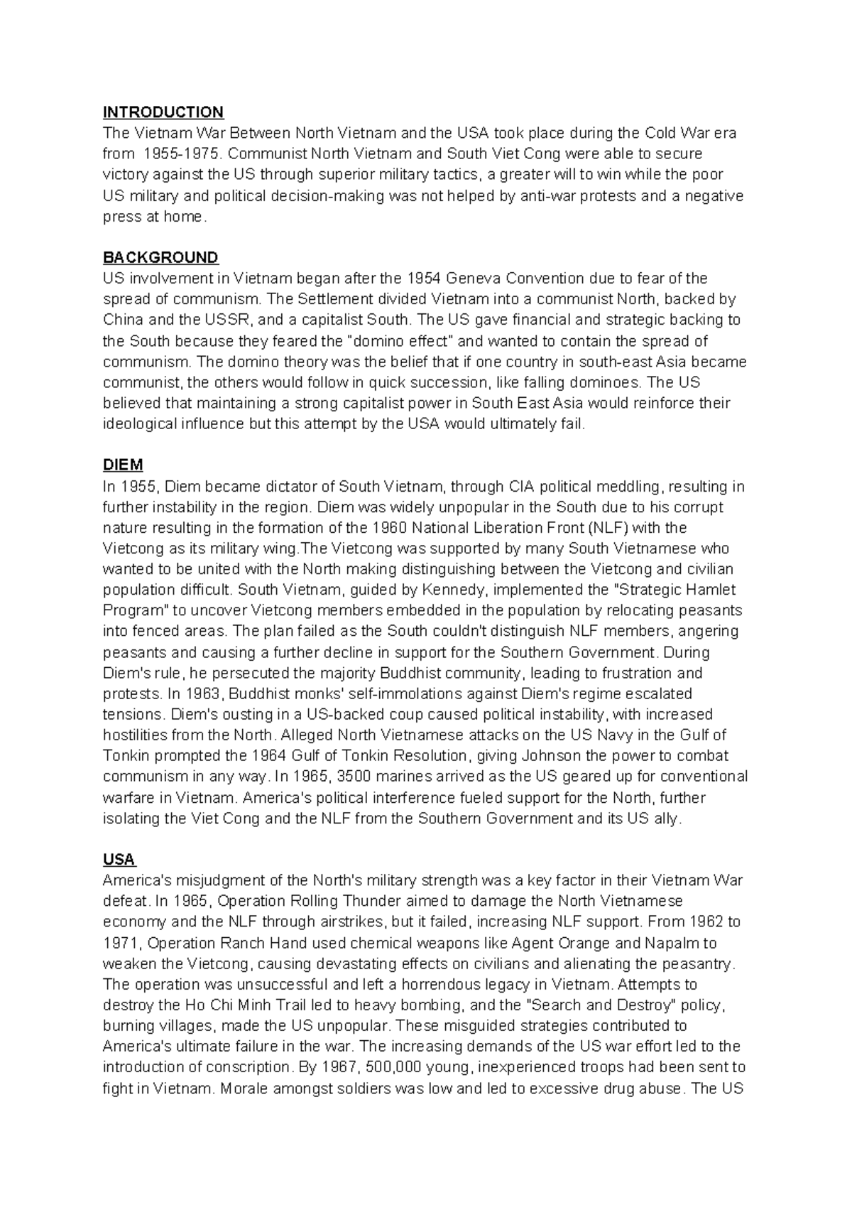 CW Vietnam War Essay: Analyzing Causes of US Defeat (1955-1975) - Studocu