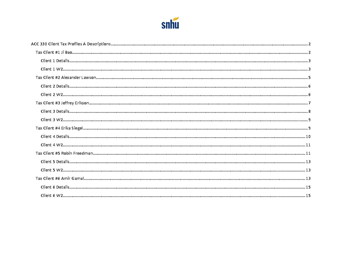 ACC 330 Client Tax Profiles: Detailed Descriptions for Tax Preparation ...