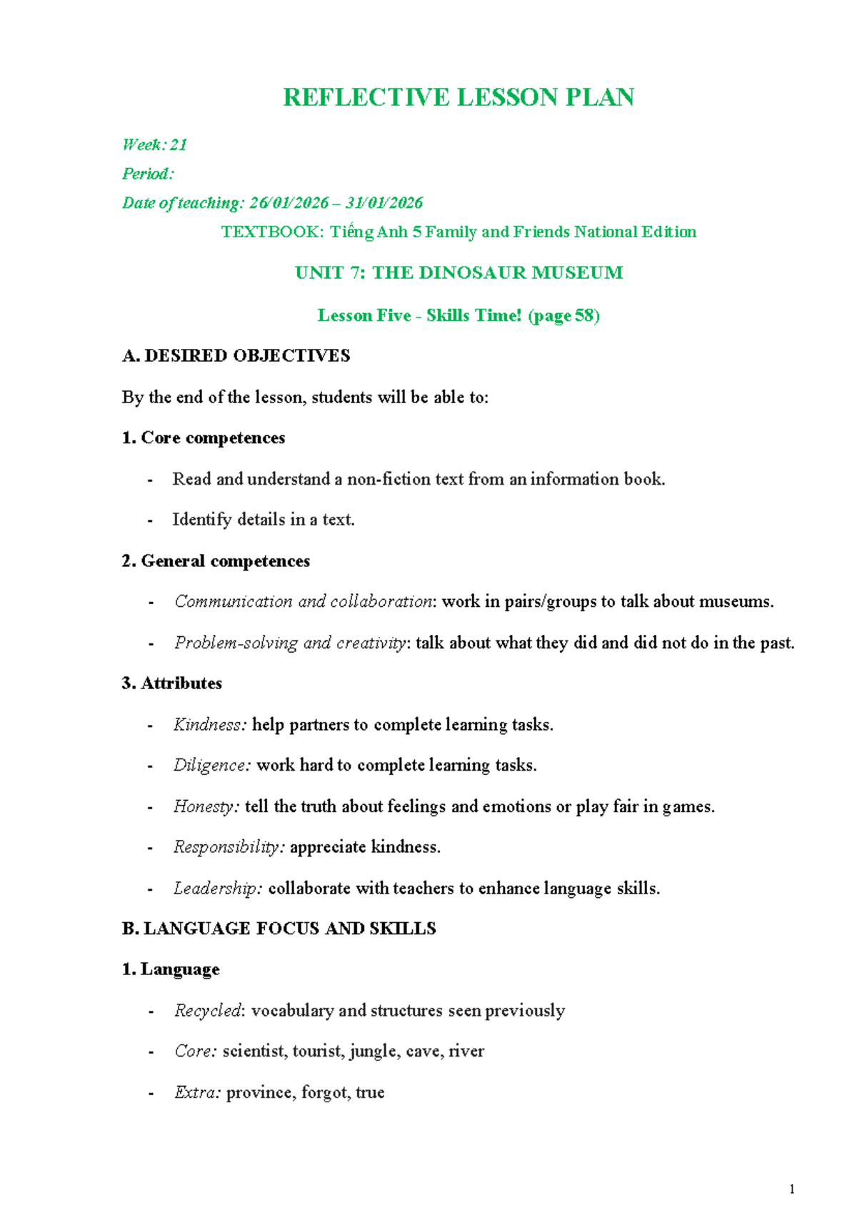 REFLECTIVE LESSON PLAN: Tiếng Anh 5 - Week 21, Unit 7 - Studocu
