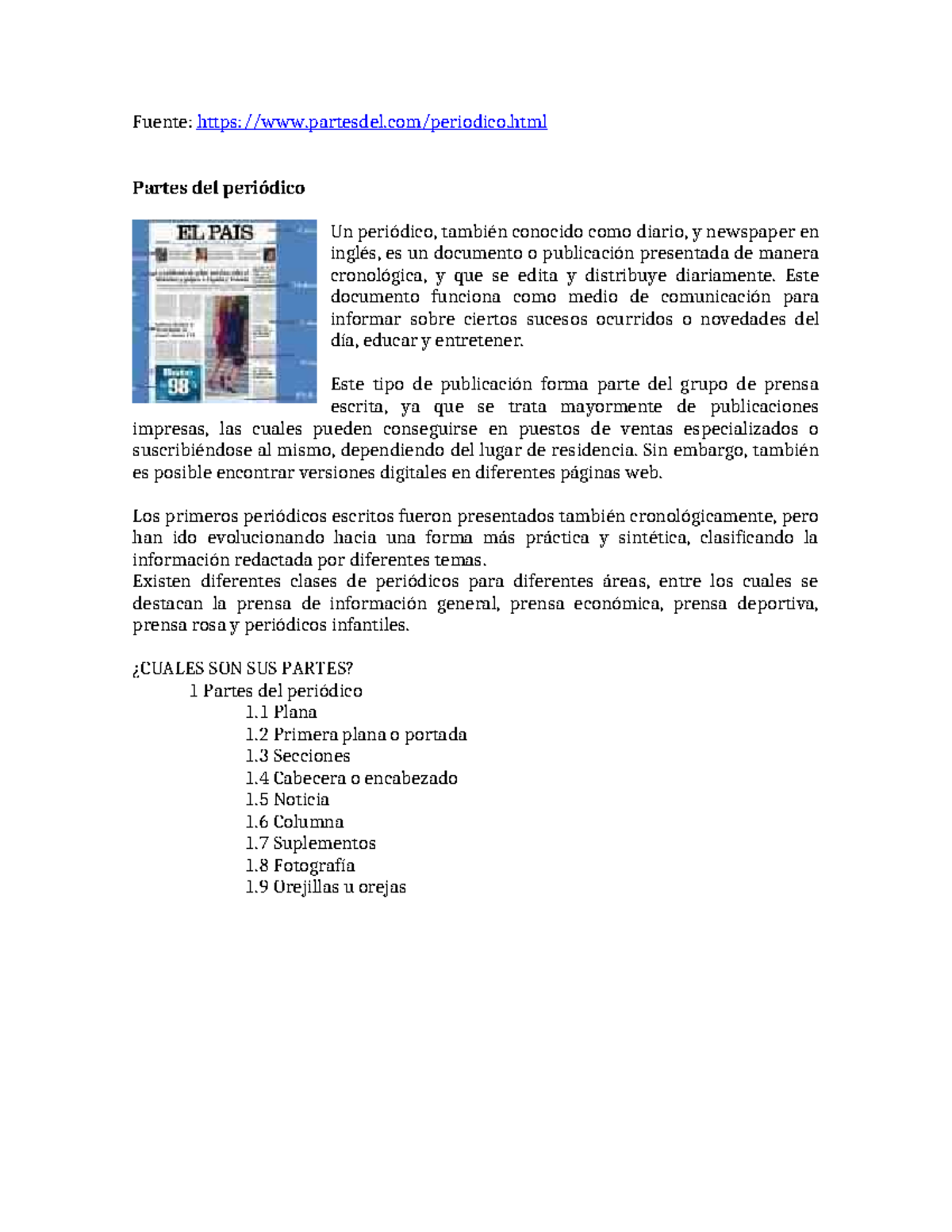 Partes del Periódico: Estructura y Clasificación Informativa - Studocu