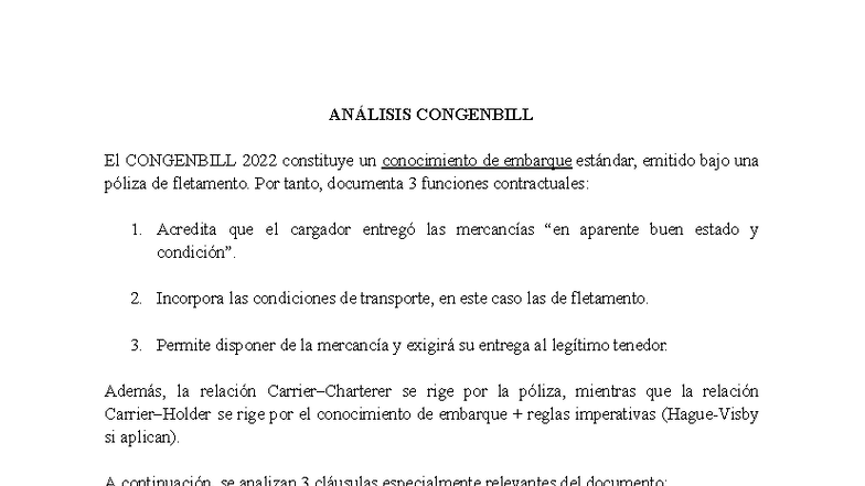 Análisis del Congenbill 2022 - Práctica de Derecho Marítimo - Studocu