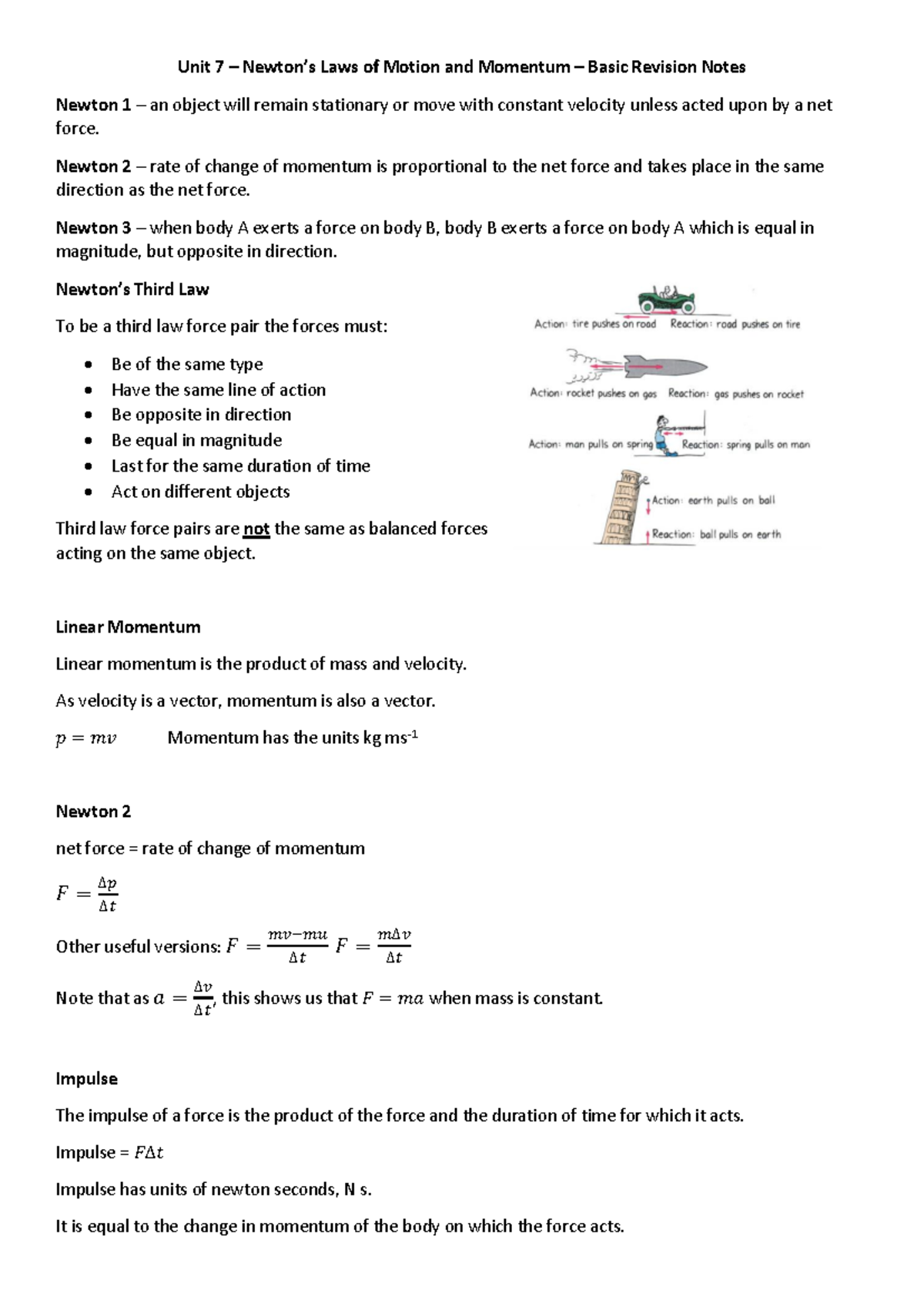 Unit 7 - Newton's Laws of Motion & Momentum Revision Notes - Studocu