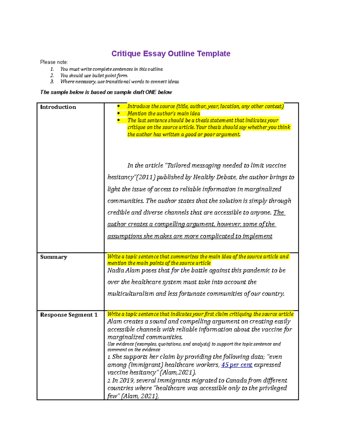 Sample Critique Essay outline and draft F22 - Critique Essay Outline ...