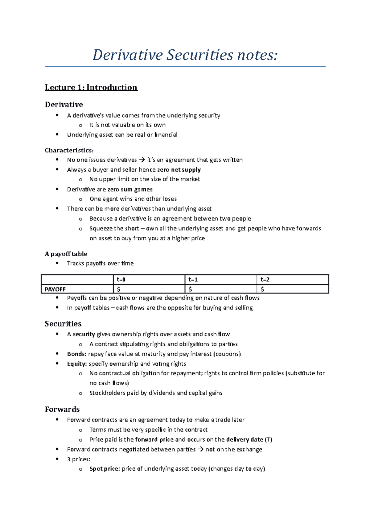 DERIV 101: Lecture Notes on Derivative Securities Basics - Studocu