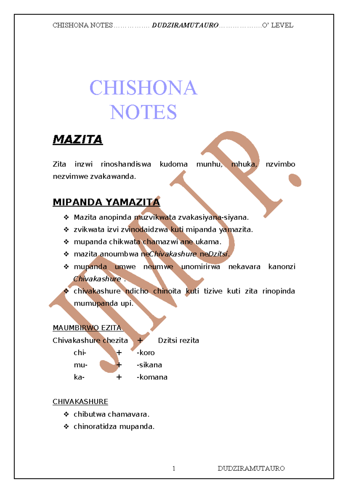 Chishona Notes - Mazita uye Mipanda Yayo - Studocu