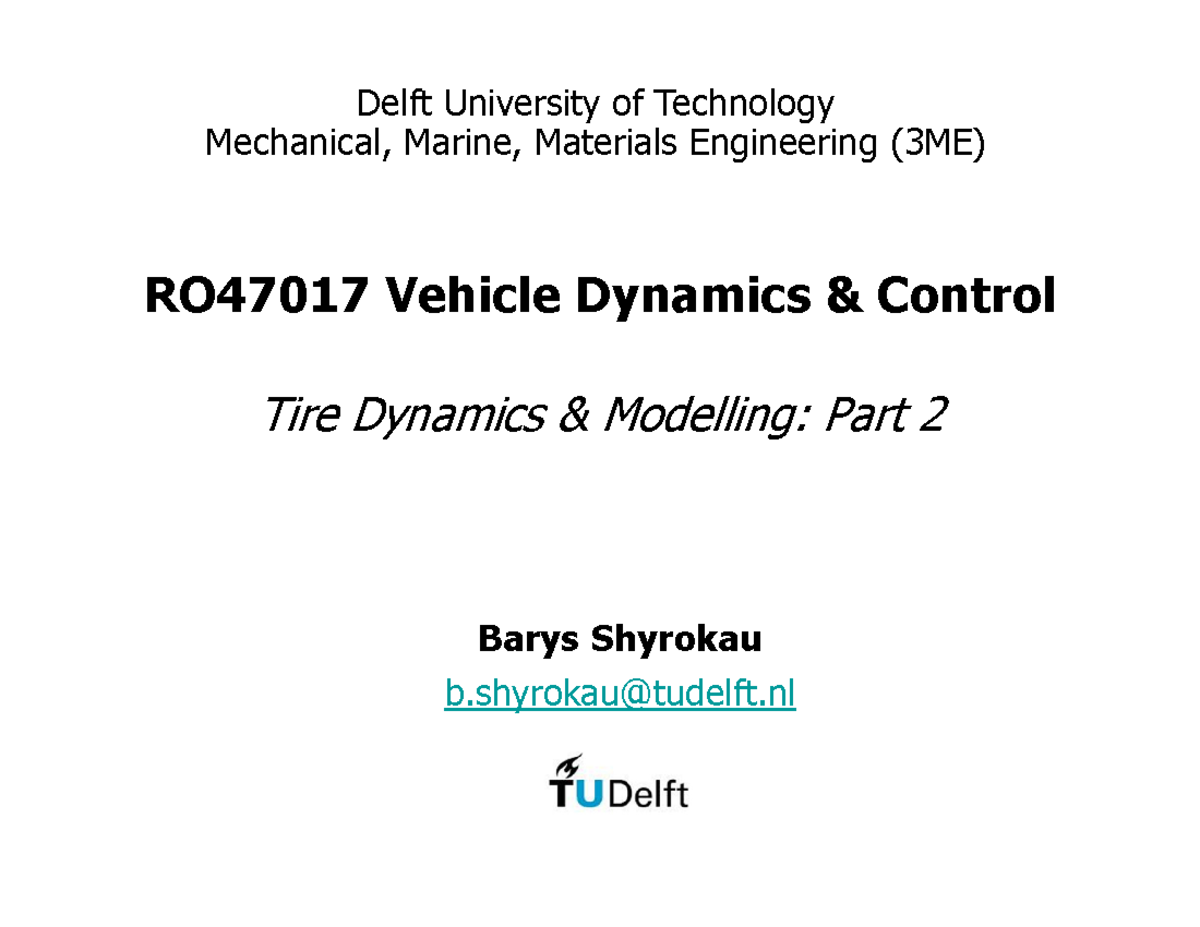 RO47017 Lecture 02: Tire Dynamics & Modelling Insights - Studeersnel