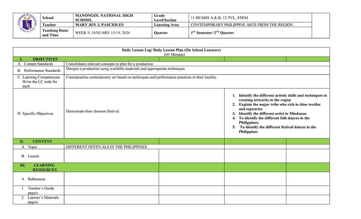 Lesson PLAN WEEK 1 - Copy (5) - Copy - School MANONGOL NATIONAL HIGH ...