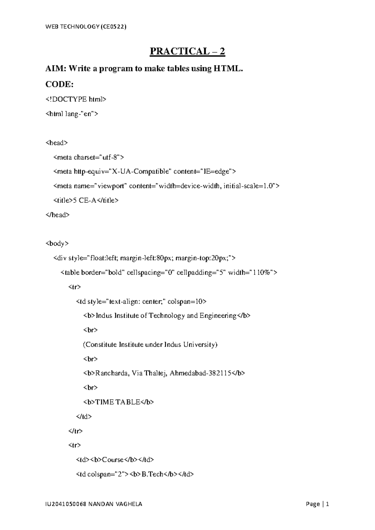HTML Practical for CE-A Course: Table & Registration Forms - Studocu