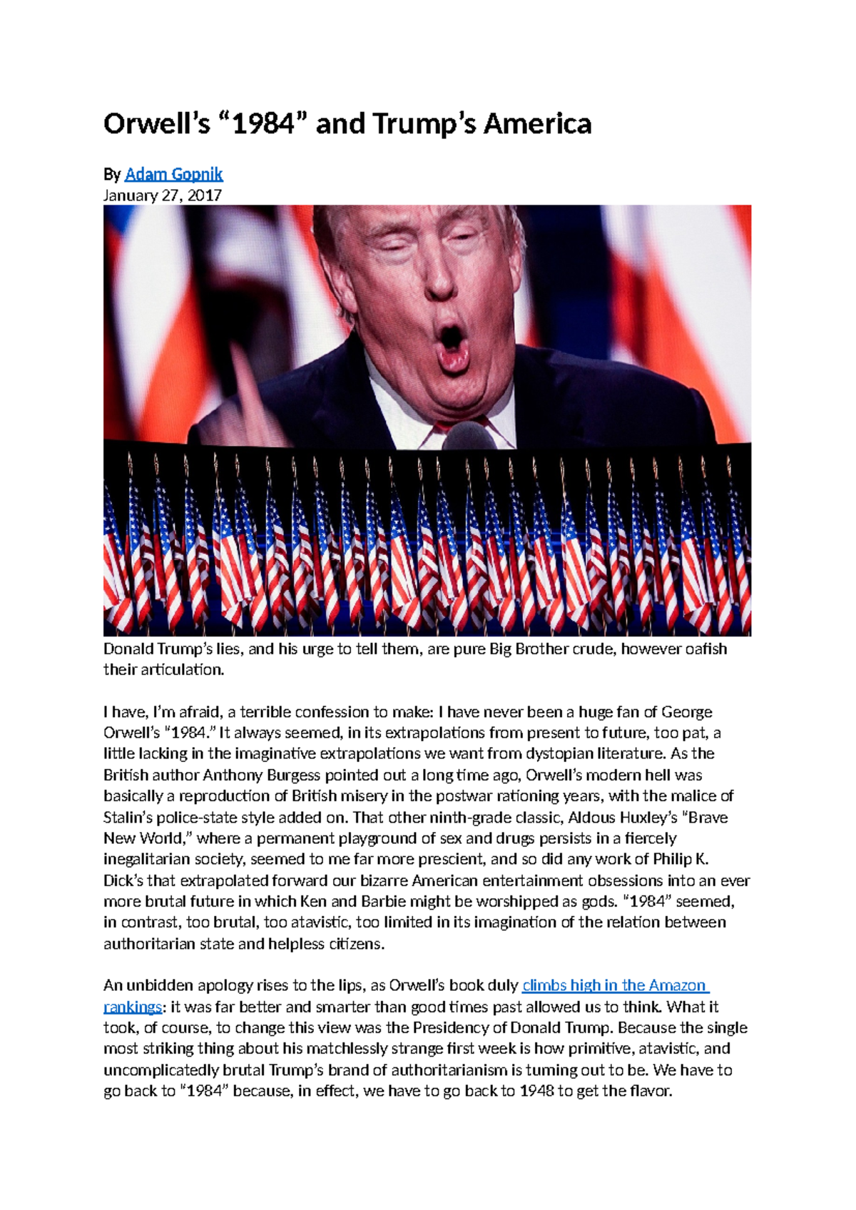 Orwell Trump - Reading material - Orwell’s “1984” and Trump’s America ...