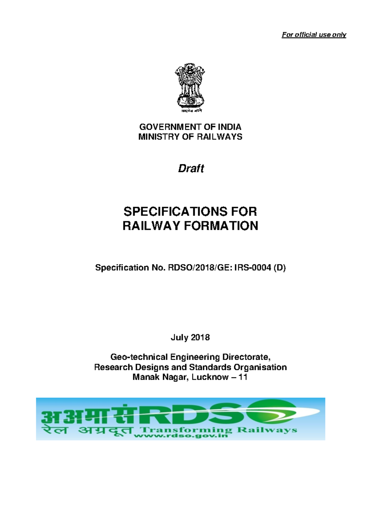 Specifications for Railway Formation - RDSO/2018/GE: IRS-0004 (D) - Studocu