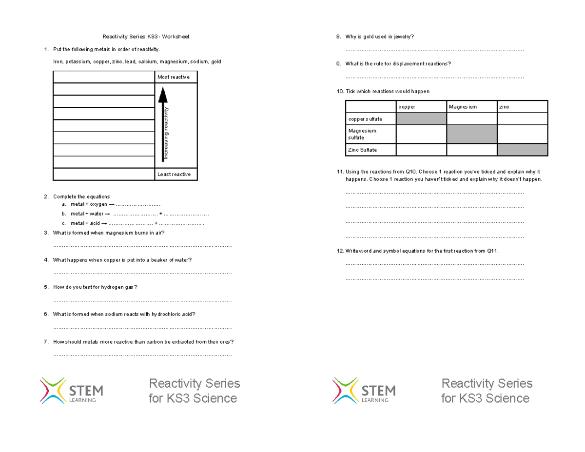 GCSE Chemistry - Reactivity Series - Reactivity Series KS3 - Worksheet ...