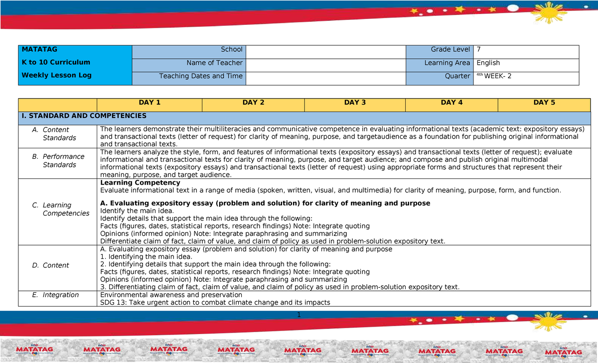 English 7 DLL Week 2 - Q4: Daily Lesson Plan Overview - Studocu