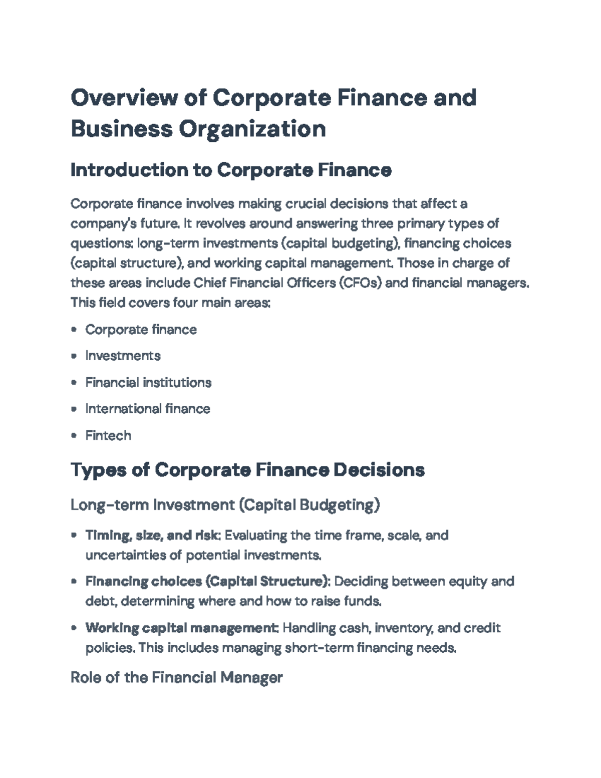 Corporate Finance Overview and Business Entities Analysis - Overview of ...