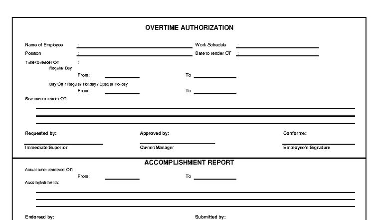Overtime Authorization Form for Employee Work Schedule - Studocu