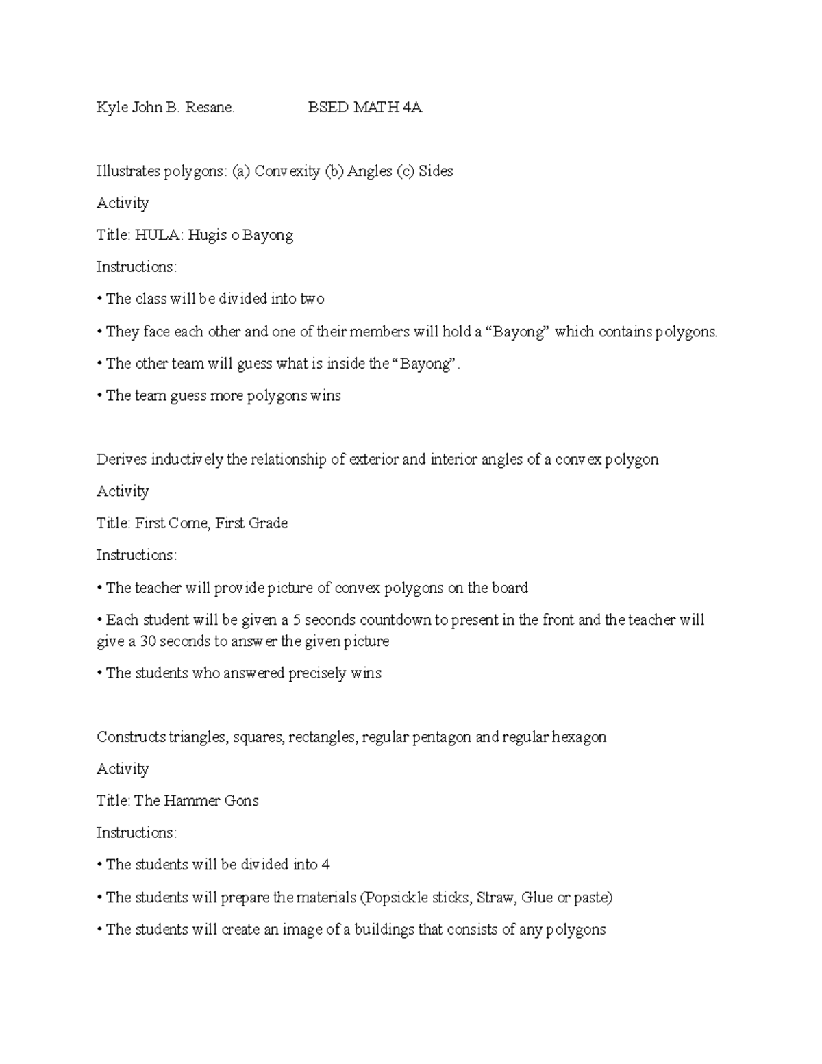 BSED MATH 4A: Polygon Activities and Concepts for Grade 4 - Studocu