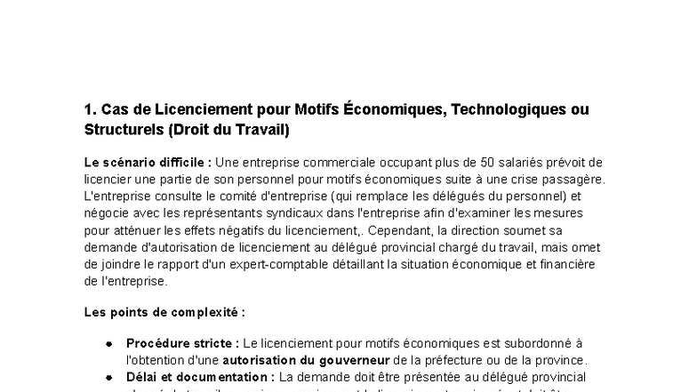 Cas de Licenciement Économique et Protection des Salariés (Droit du ...