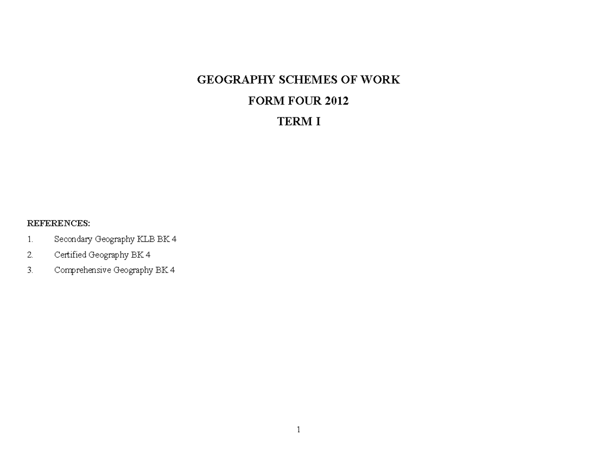 Geography Scheme of Work Form Four 2012 Term I & II - Studocu