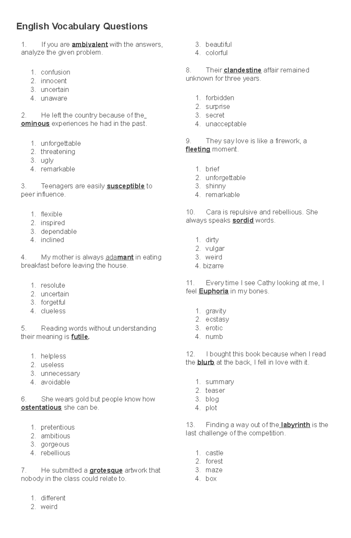 English Vocabulary with Answers - English Vocabulary Questions If you ...