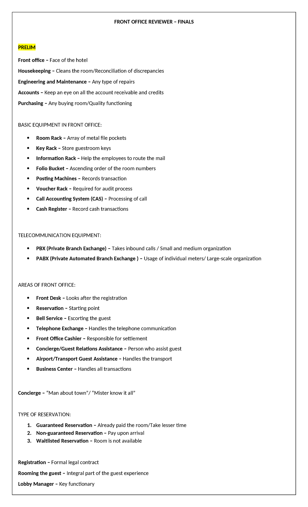 Front Office Reviewer - Finals Study Notes (Course Code: FO101) - Studocu