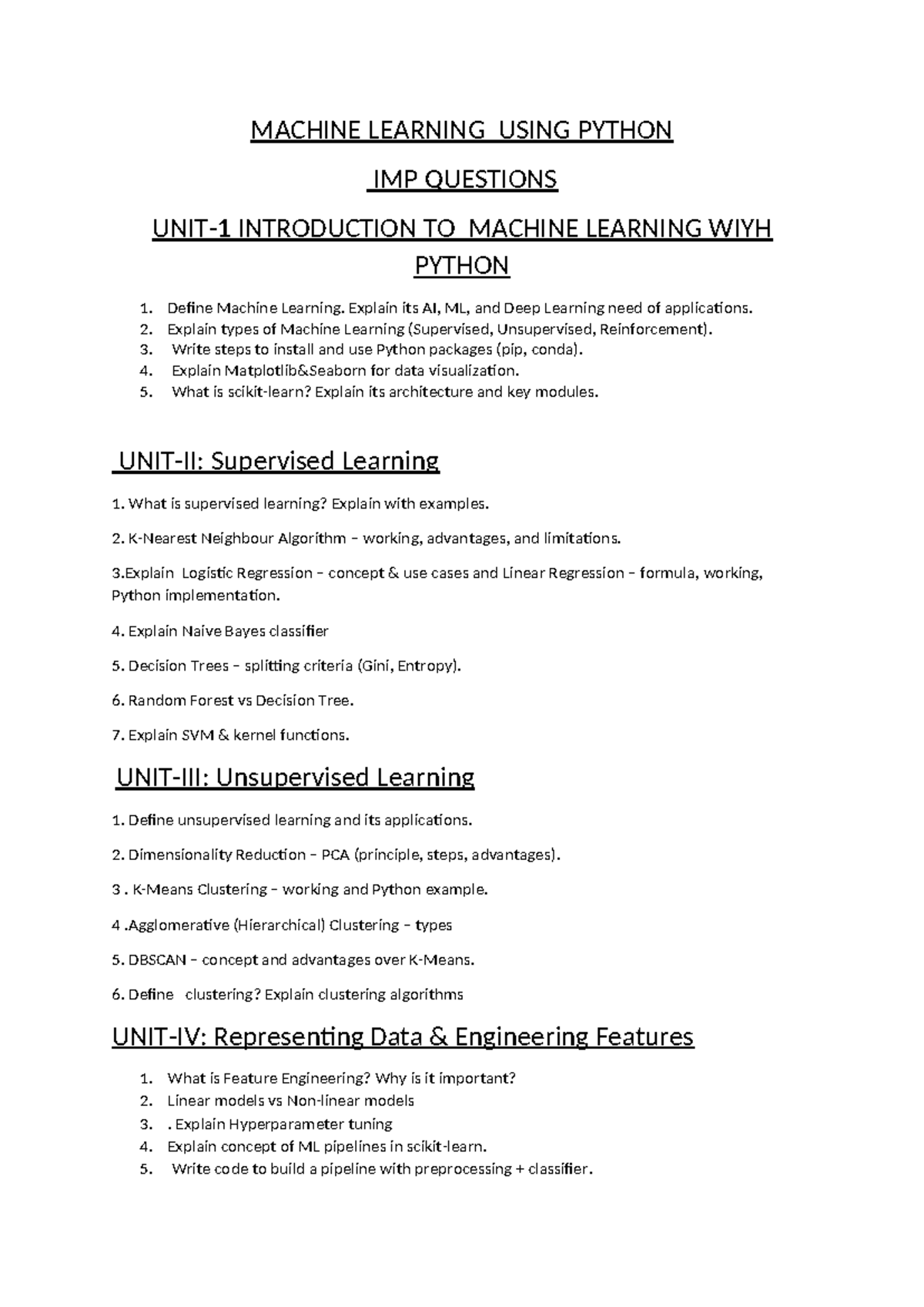 ML IMP Questions - Intro to Machine Learning with Python - Studocu