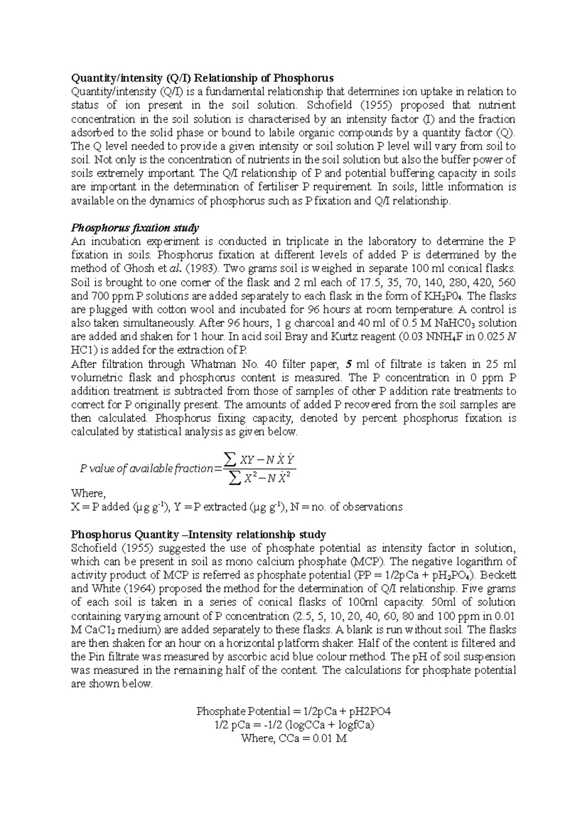 Phosphorus Fixation Mechanism: Q/I Relationship Study in Soils - Studocu