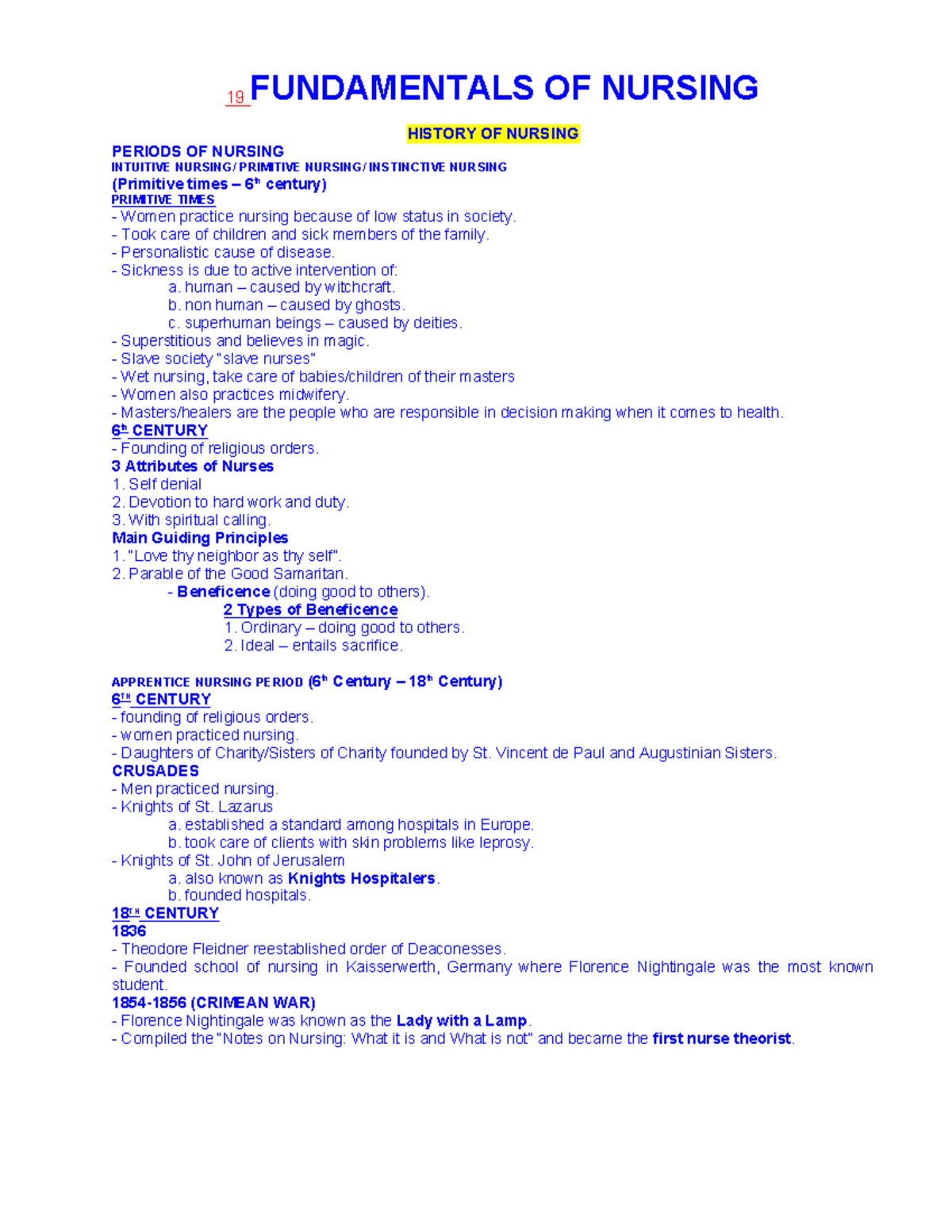 Funda - 19 FUNDAMENTALS OF NURSING HISTORY OF NURSING PERIODS OF ...