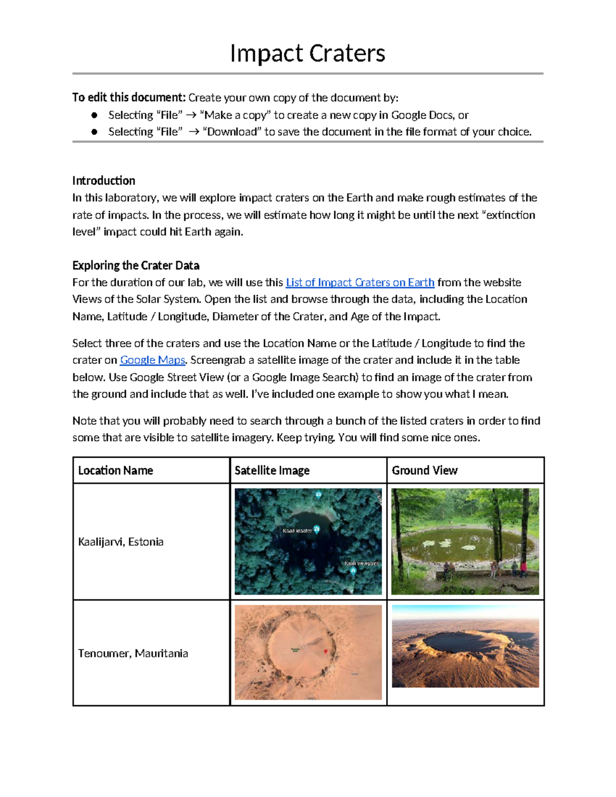 Impact Craters Lab: Estimating Impact Rates and Crater Data Analysis ...