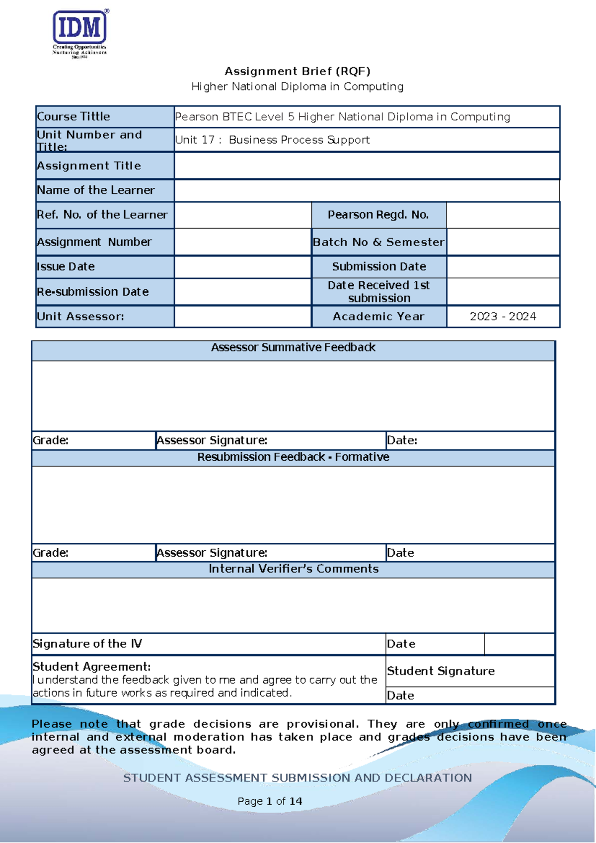Assessment Brief (RQF) HND Computing Unit 17: Business Process Support ...