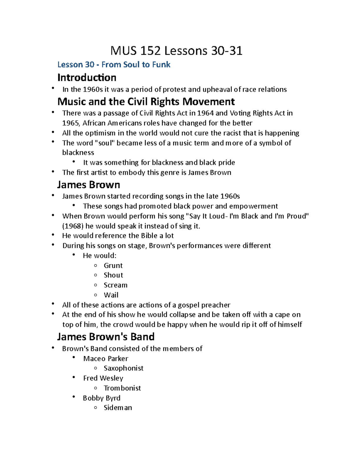 MUS 152 Lessons 30-31: Soul, Funk, and Disco Overview Notes - Studocu