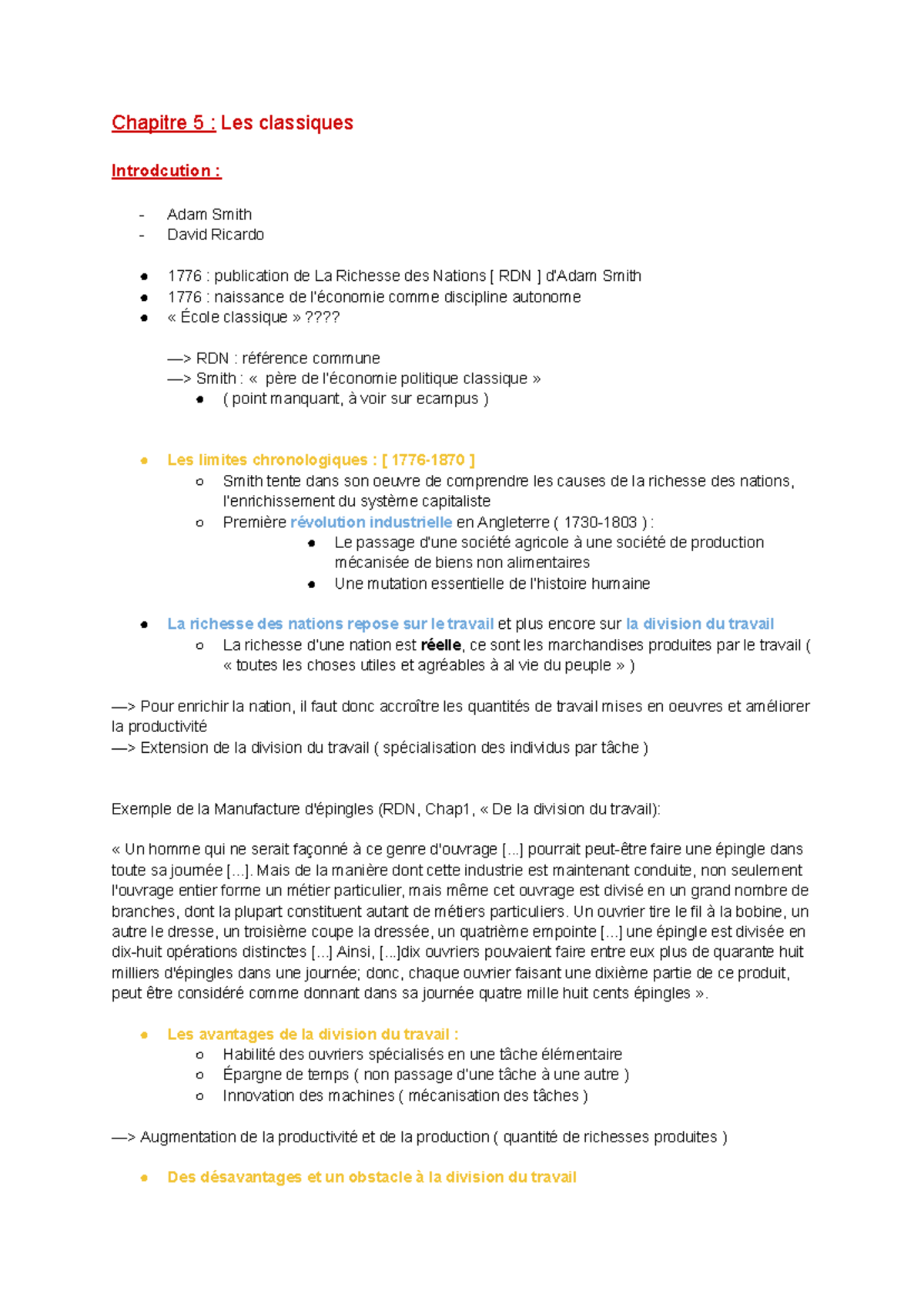 Chapitre 5 : Les Classiques - Adam Smith et David Ricardo - Studocu