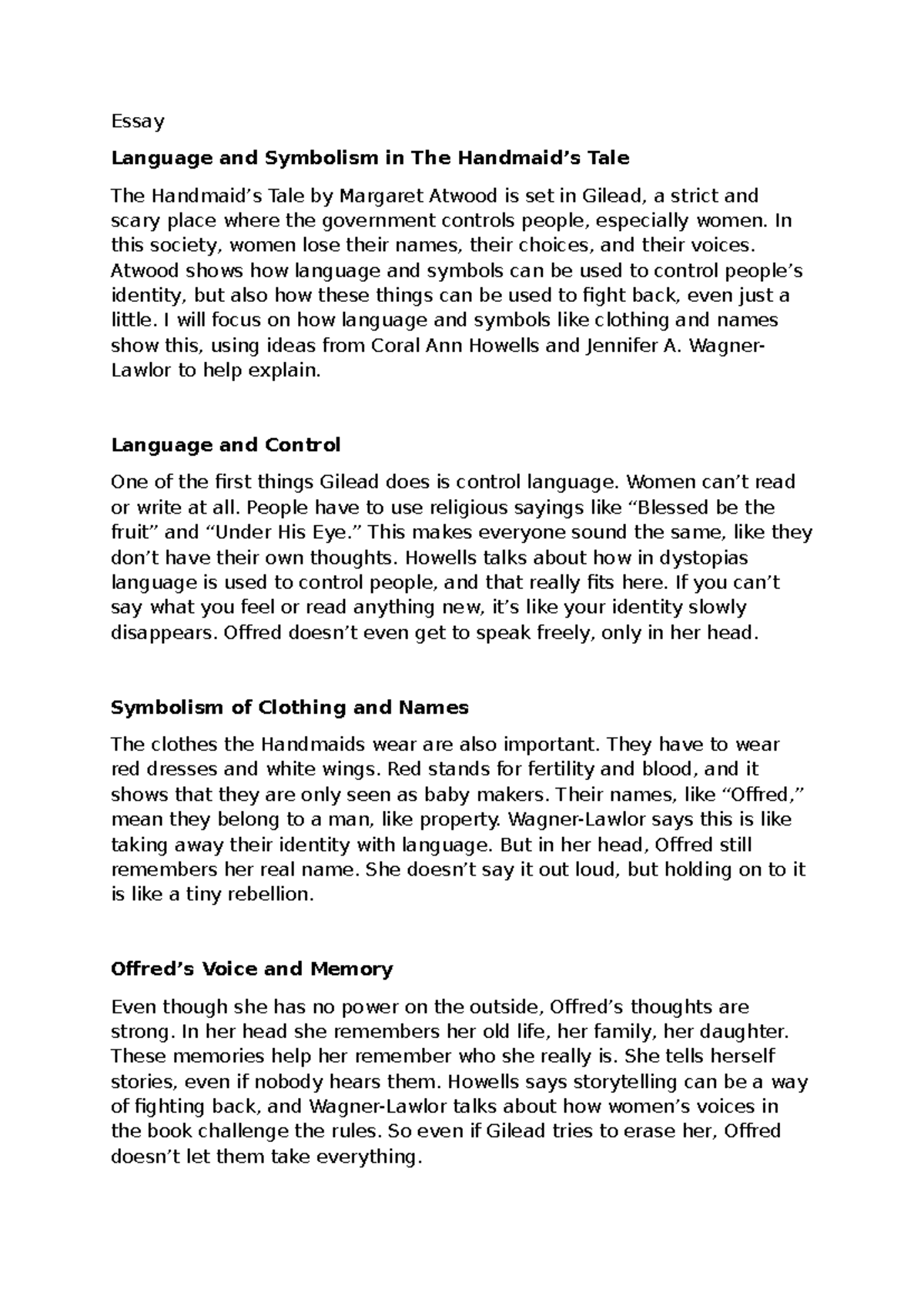 Essay IB: Language and Symbolism in The Handmaid's Tale - Studeersnel